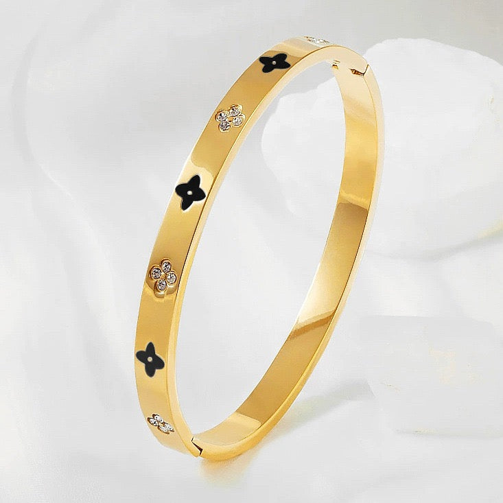 Stainless Steel Enamel Clover Bangle – Black – Susan Rose